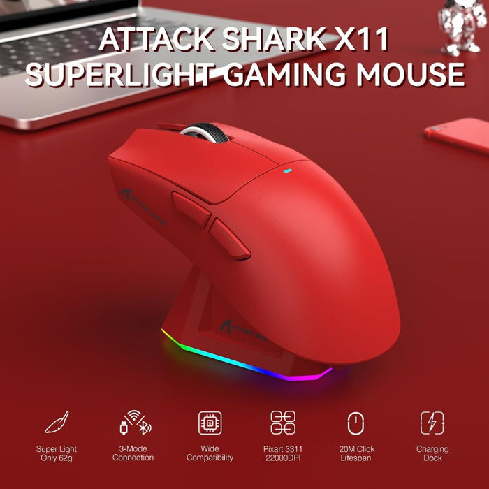 ATTACK SHARK X11 Wireless Mouse - Red | 63g Tri-Mode Gaming in Iraq